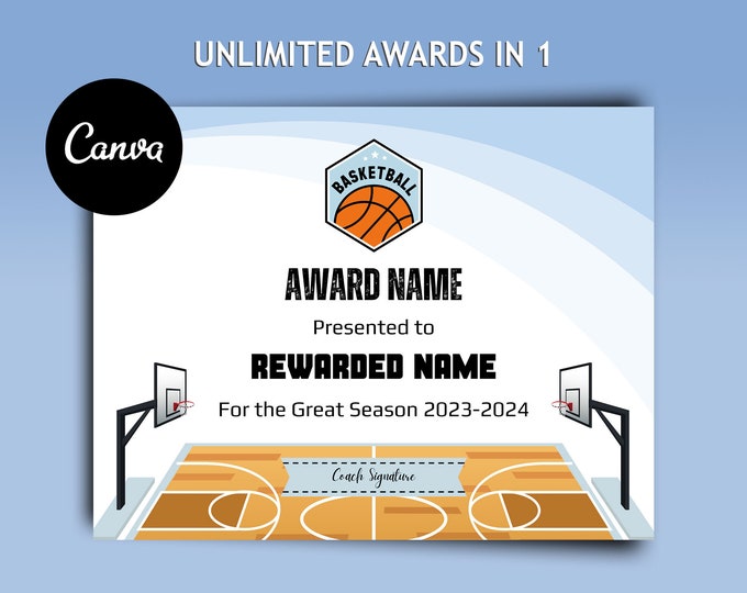 Basketball Editable Award Certificate Canva Template, Printable Award ...