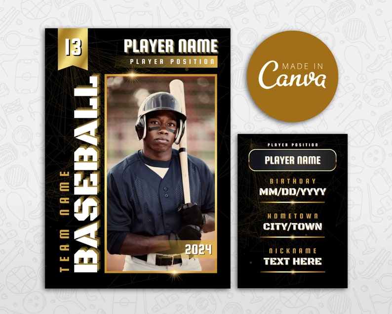 Baseball Card Template, DIY Golden Sport Cards Printable, Customizable ...