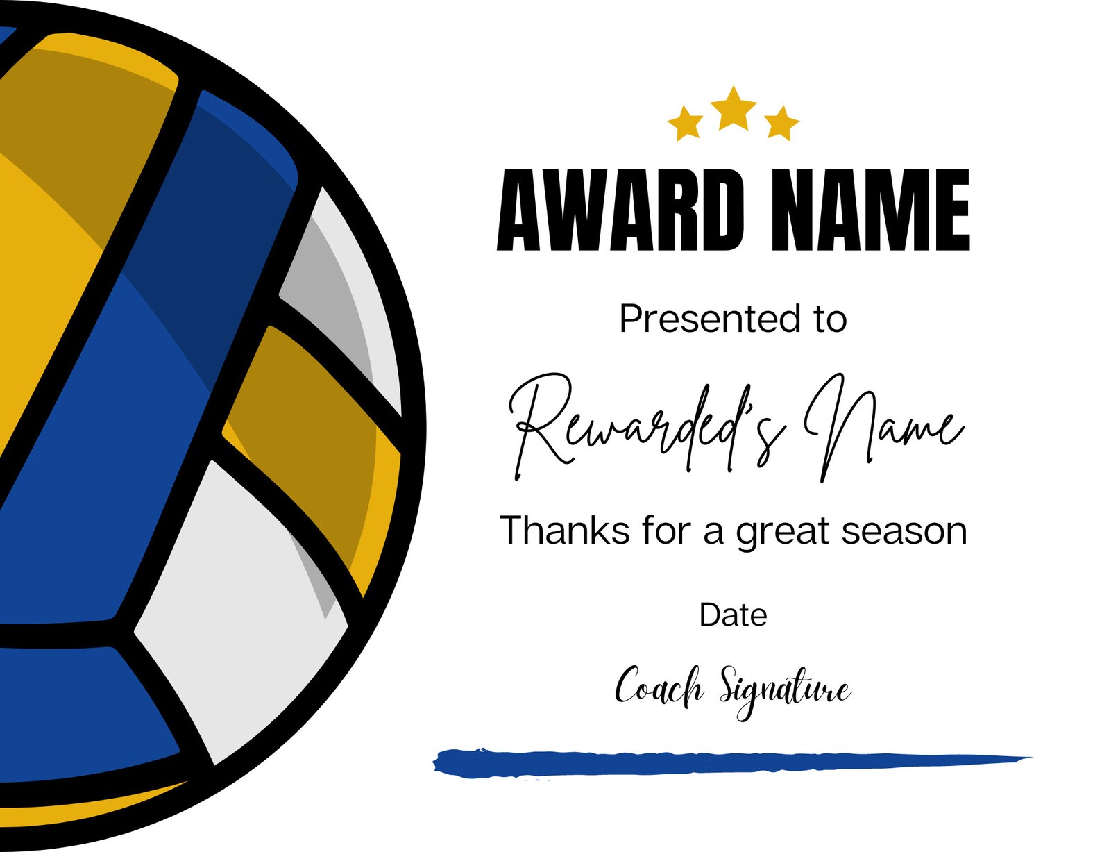Volleyball Award Certificate Editable Canva Template Etsy
