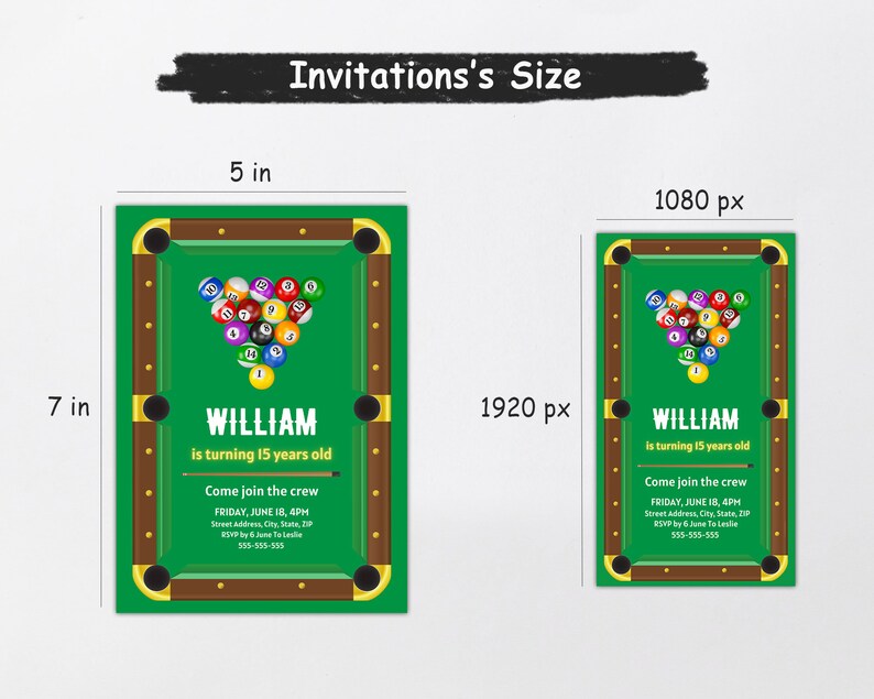 Billiards Birthday Invitation Template, Snooker Pool Party, Editable ...