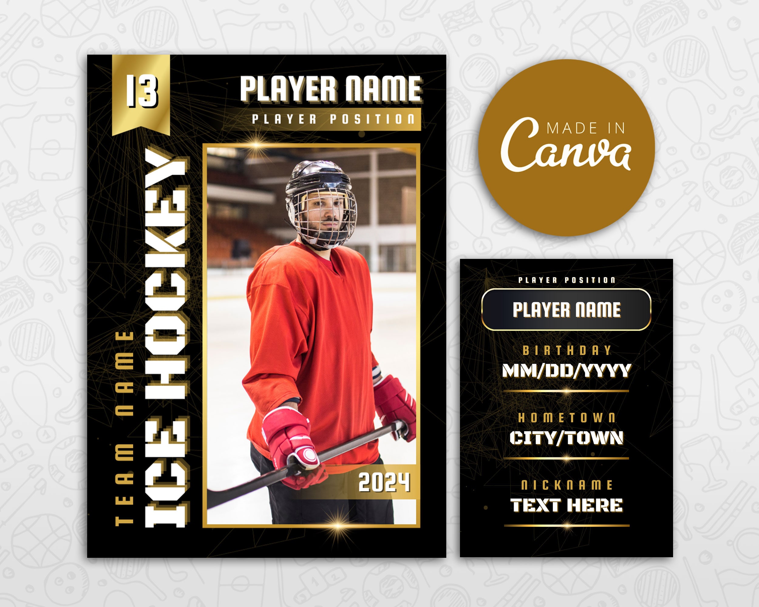 Ice Hockey Card Template, DIY Golden Sport Cards Printable ...