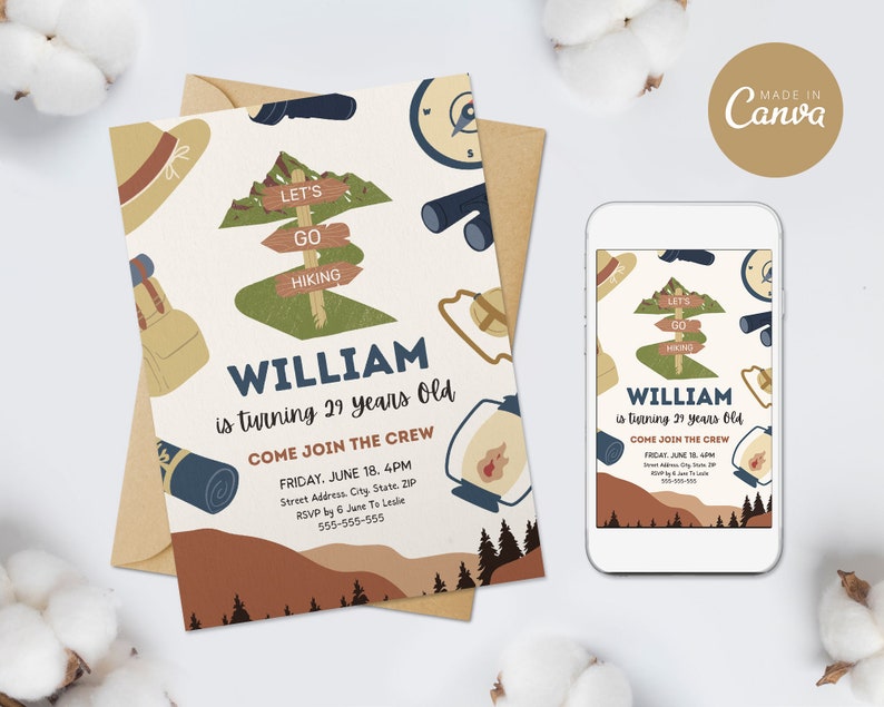 Hiking Birthday Invitation Template, Outdoor Hike Party Invite ...