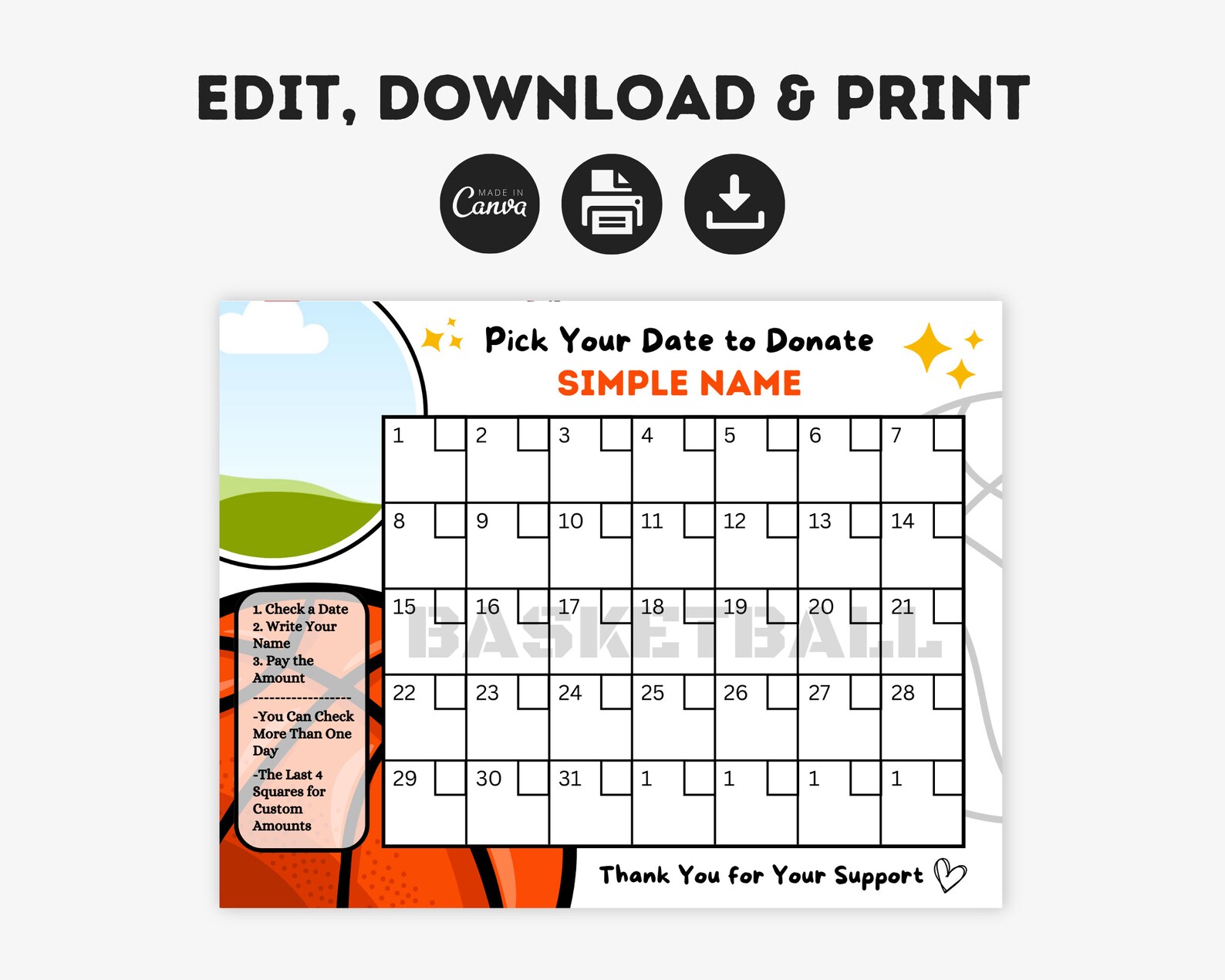Basketball Pick a Date to Donate Fundraiser Calendar, Editable Canva ...