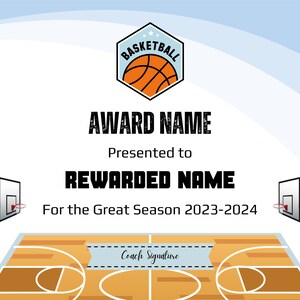 Basketball Editable Award Certificate Canva Template, Printable Award ...