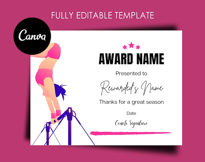 Gymnastics Award Certificate Editable Canva Template, Printable End of ...