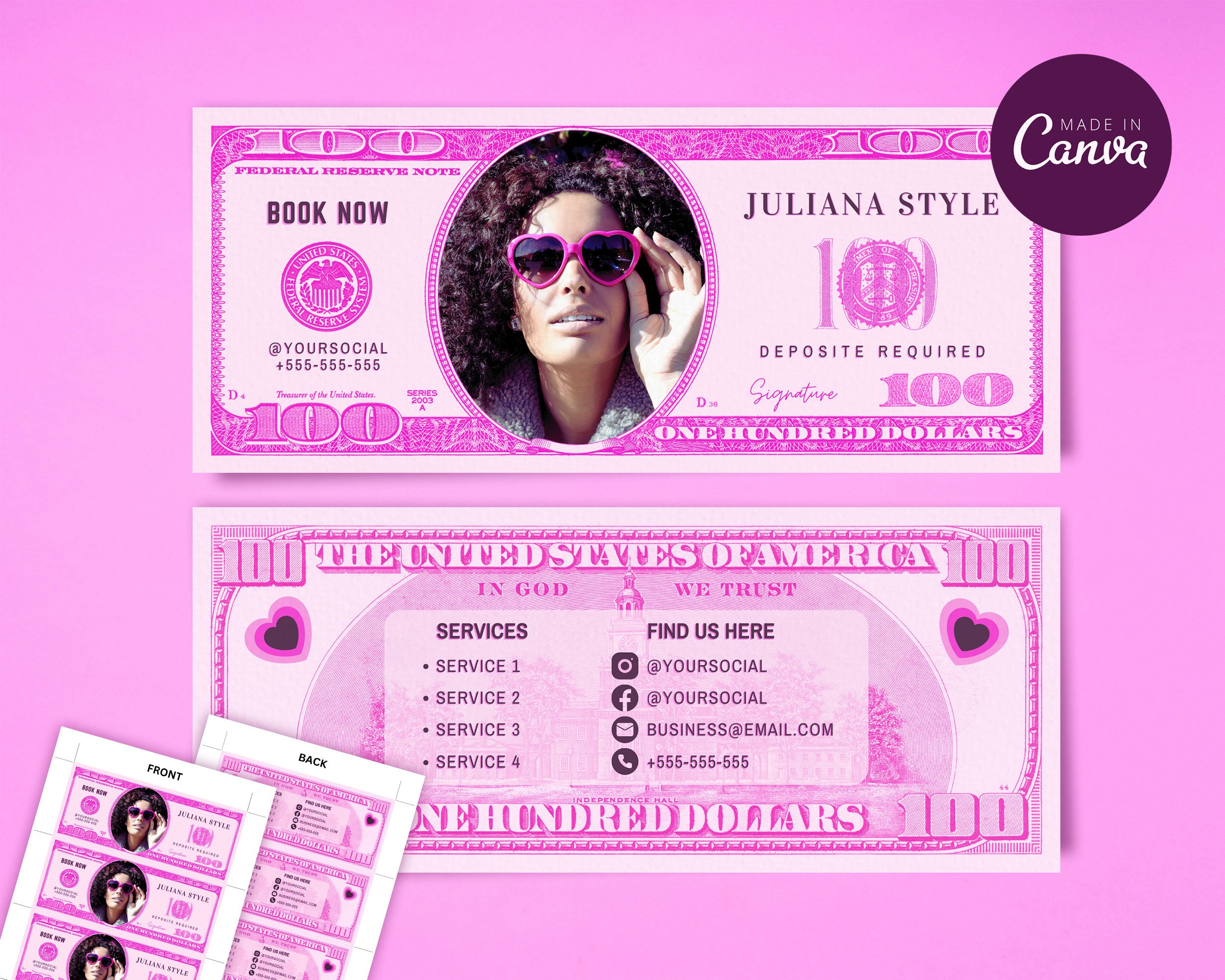 Booking Flyer 100 Dollar Bill Pink, Editable Appointment Available ...
