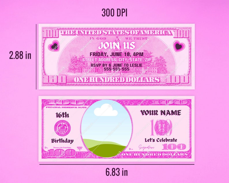 Pink Money Birthday Invitation 100 Dollar Bill, Printable Birthday ...