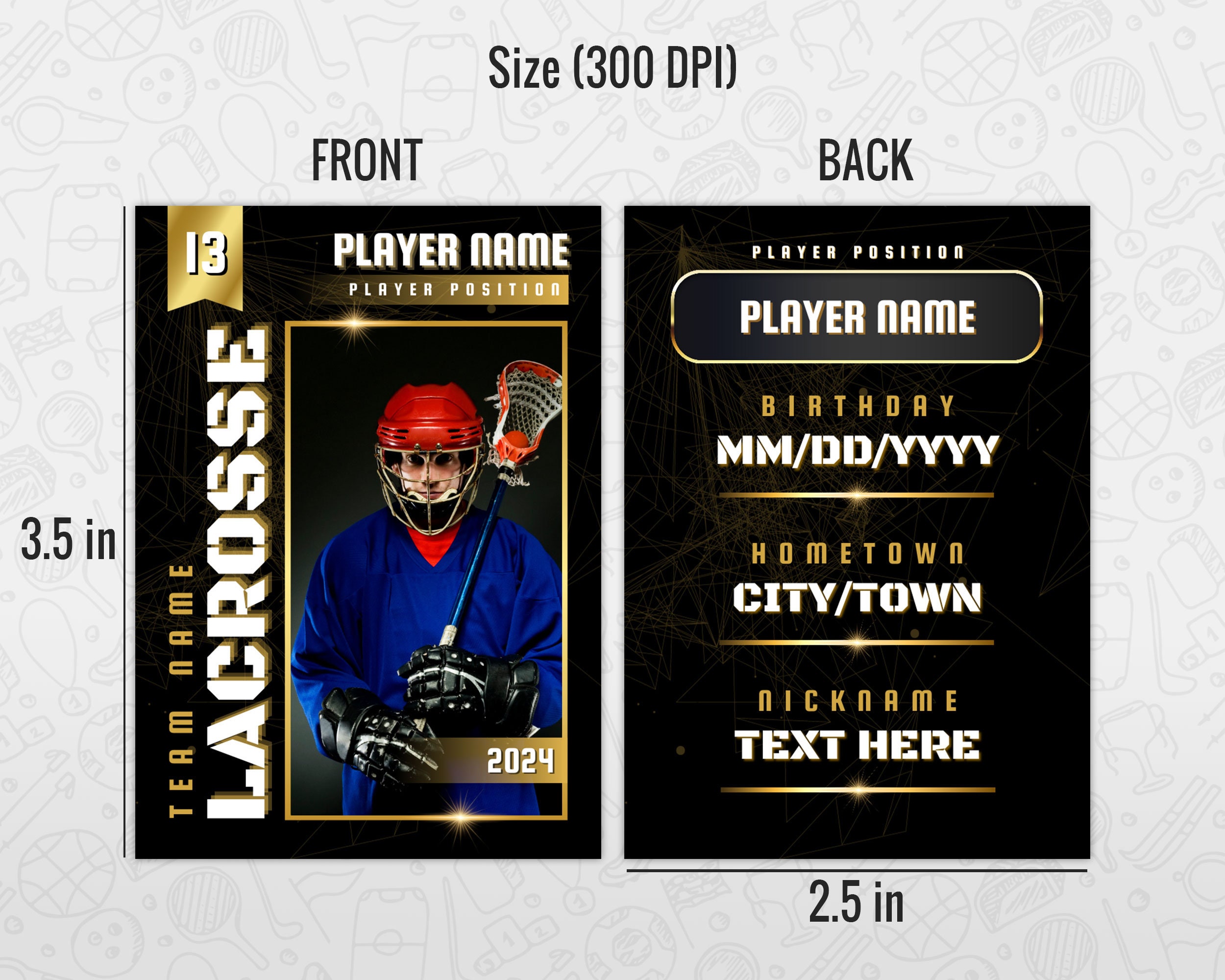 Lacrosse Card Template, DIY Golden Sport Cards Printable, Customizable ...