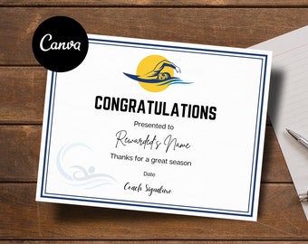 Swimming Award Certificate Editable Canva Template, Printable End of ...