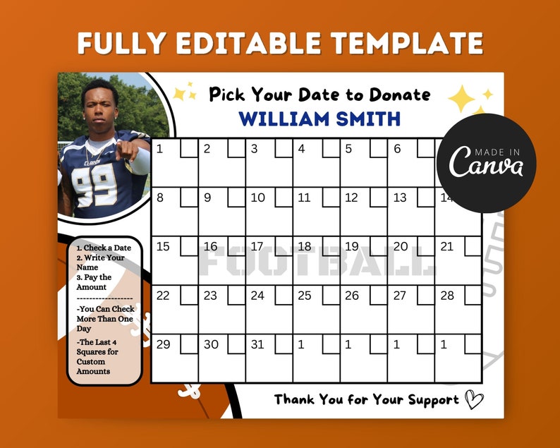 Football Pick a Date to Donate Fundraiser Calendar Editable - Etsy UK