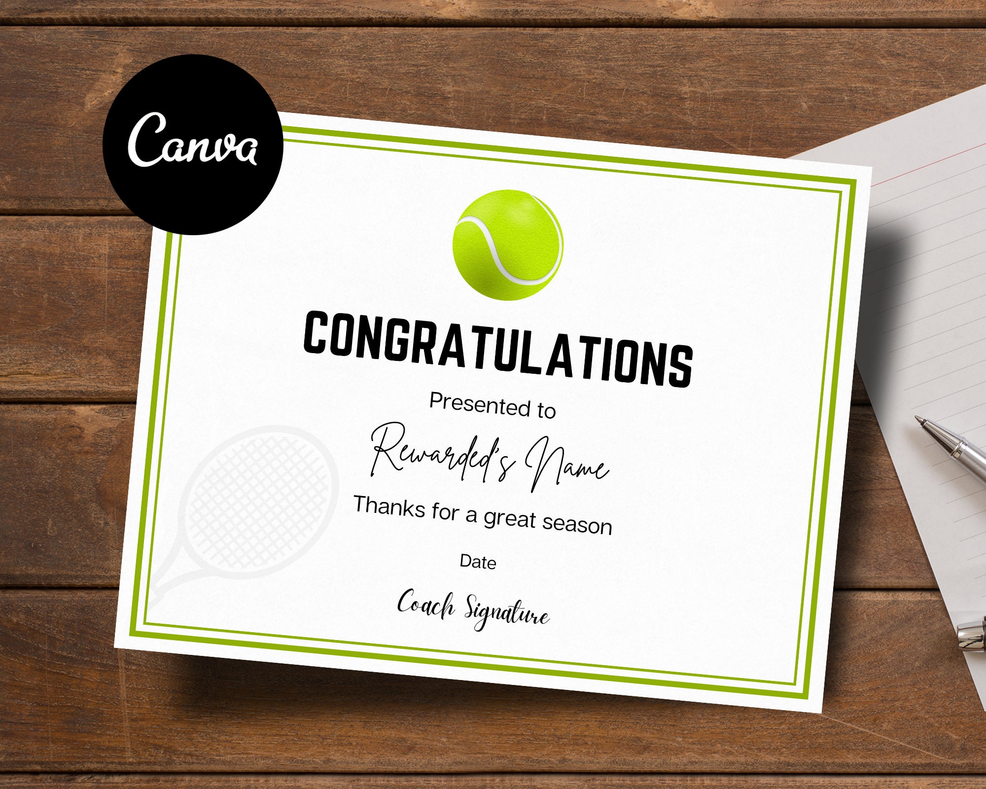 Editable Tennis Award Certificates CANVA Template Printable Custom ...