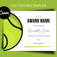 Editable Tennis Award Certificate Team Party Printable (canva Template ...