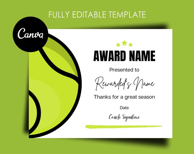 Tennis Award Certificate Editable Canva Template, Printable End of ...