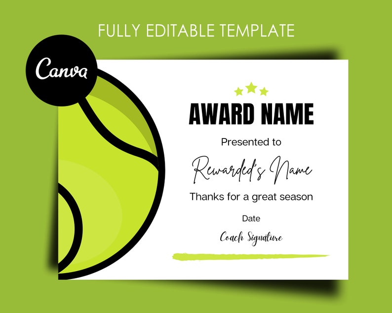 Tennis Award Certificate Editable Canva Template, Printable End of ...