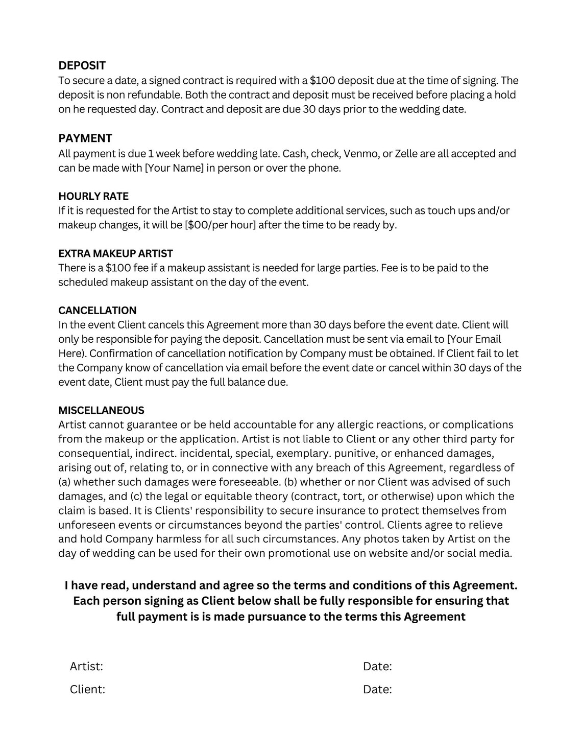 Editable Bridal Makeup & Makeup Service Contracts Bundle - Etsy