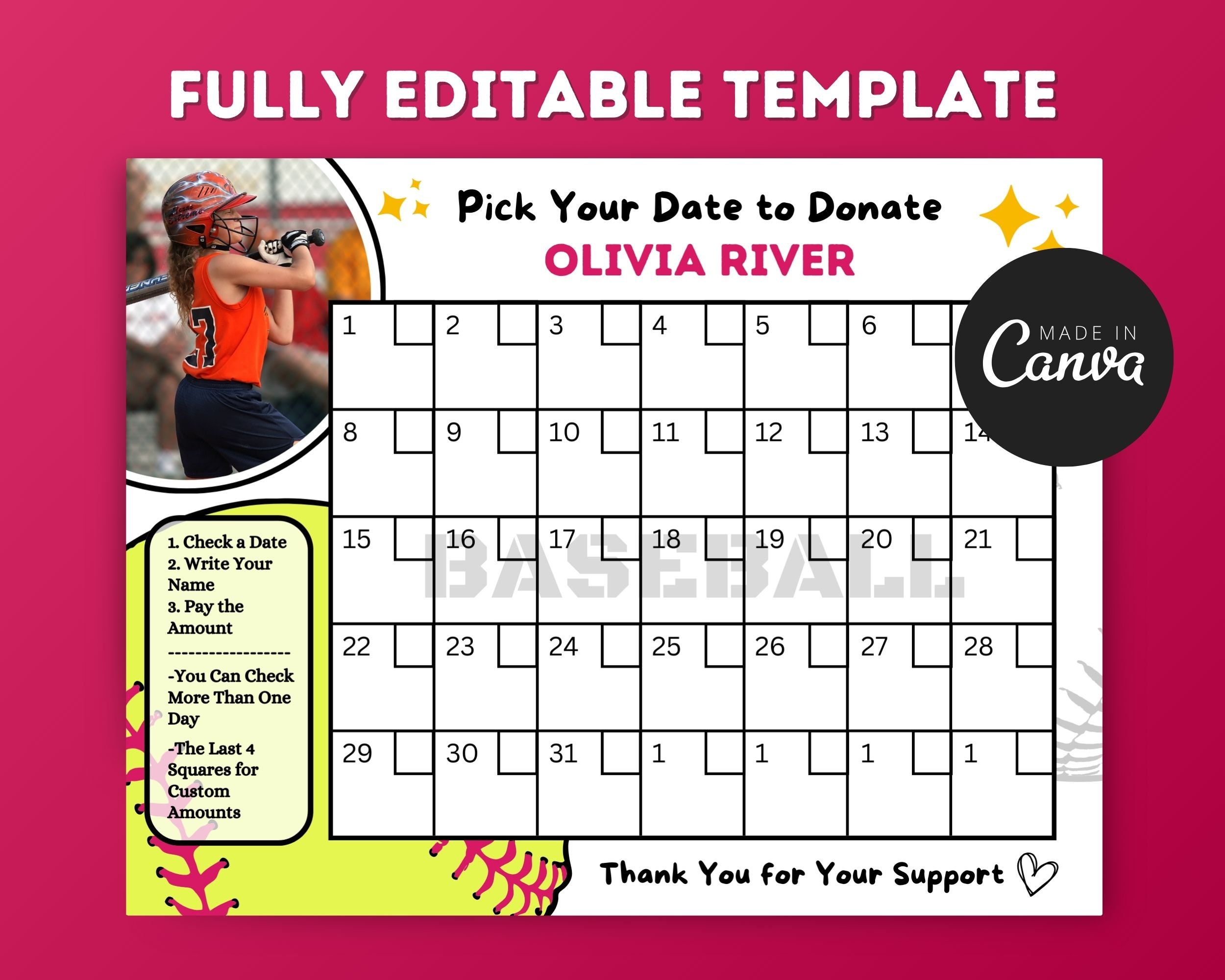 Softball Pick a Date to Donate Fundraiser Calendar, Editable Canva ...
