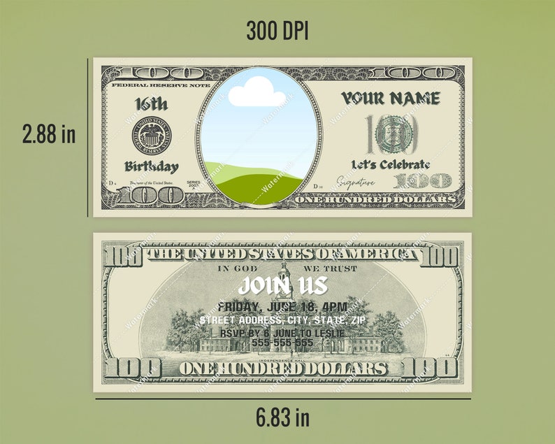Custom Money Birthday Invitation 100 Dollar Bill, Printable Birthday ...