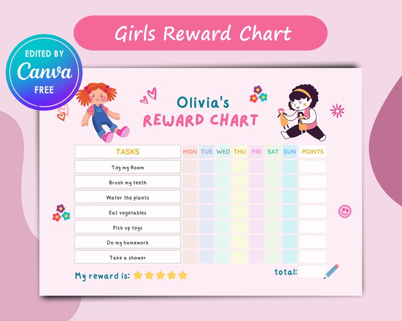 Editable Girls Reward Chart CANVA Template Kids Chore Chart - Etsy