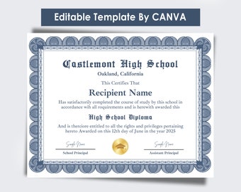 High School Diploma, Diploma Template, Canva Editable Homeschool ...