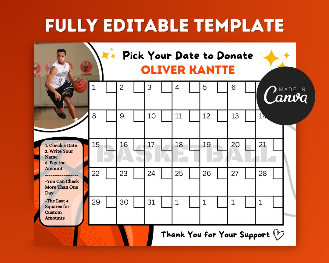 Basketball Pick a Date to Donate Fundraiser Calendar, Editable Canva ...