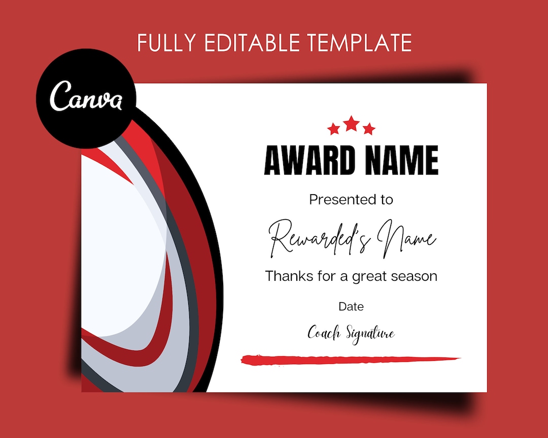 Rugby Award Certificate Editable Canva Template, Printable End of ...