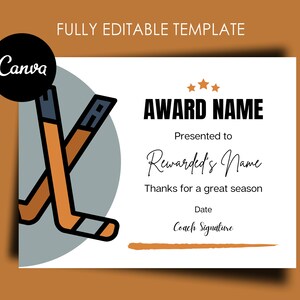 Field Hockey Award Certificate Editable Canva Template - Etsy