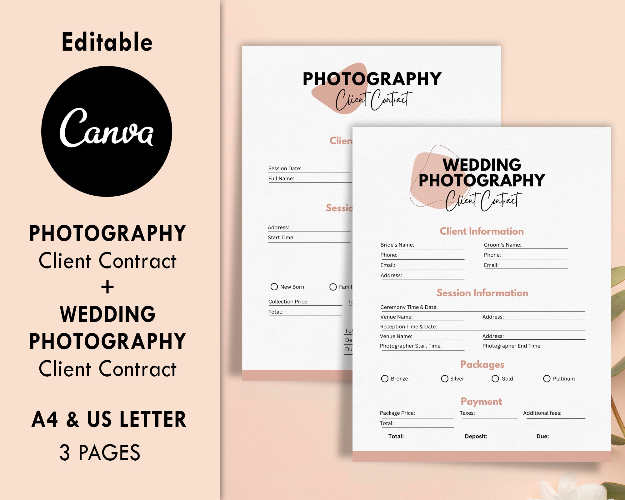 Photography and Wedding Photography Contract Set Editable - Etsy