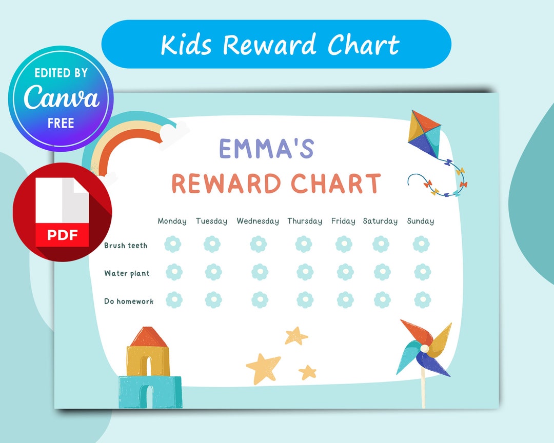 Kids Reward Chart, Kids Chore Chart, (printable PDF + Canva Template ...
