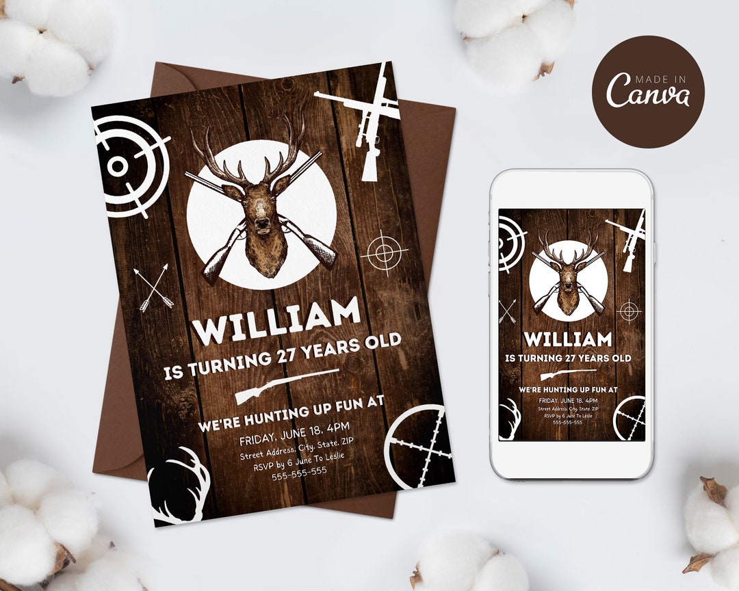 Hunting Birthday Invitation Template, Deer Hunt Party Invite, Editable ...
