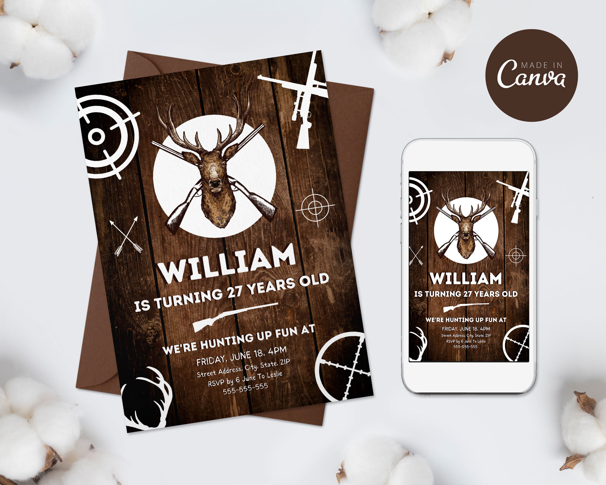 Hunting Birthday Invitation Template, Deer Hunt Party Invite, Editable ...