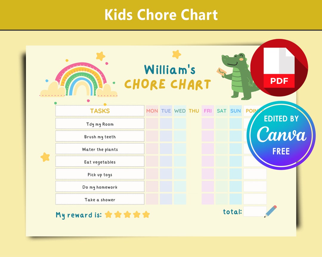 Chore Chart for Kids (printable PDF + Canva Template), Daily Routine ...