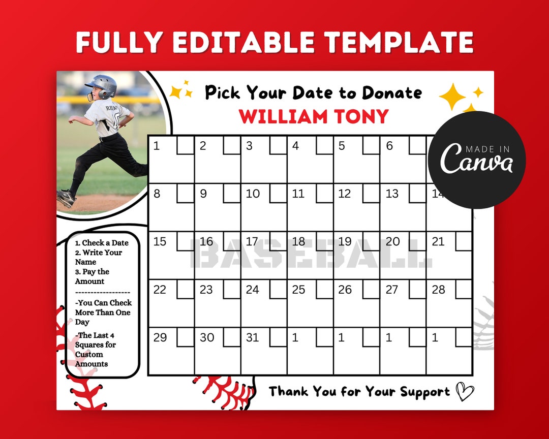 Baseball Pick a Date to Donate Fundraiser Calendar, Editable Canva ...