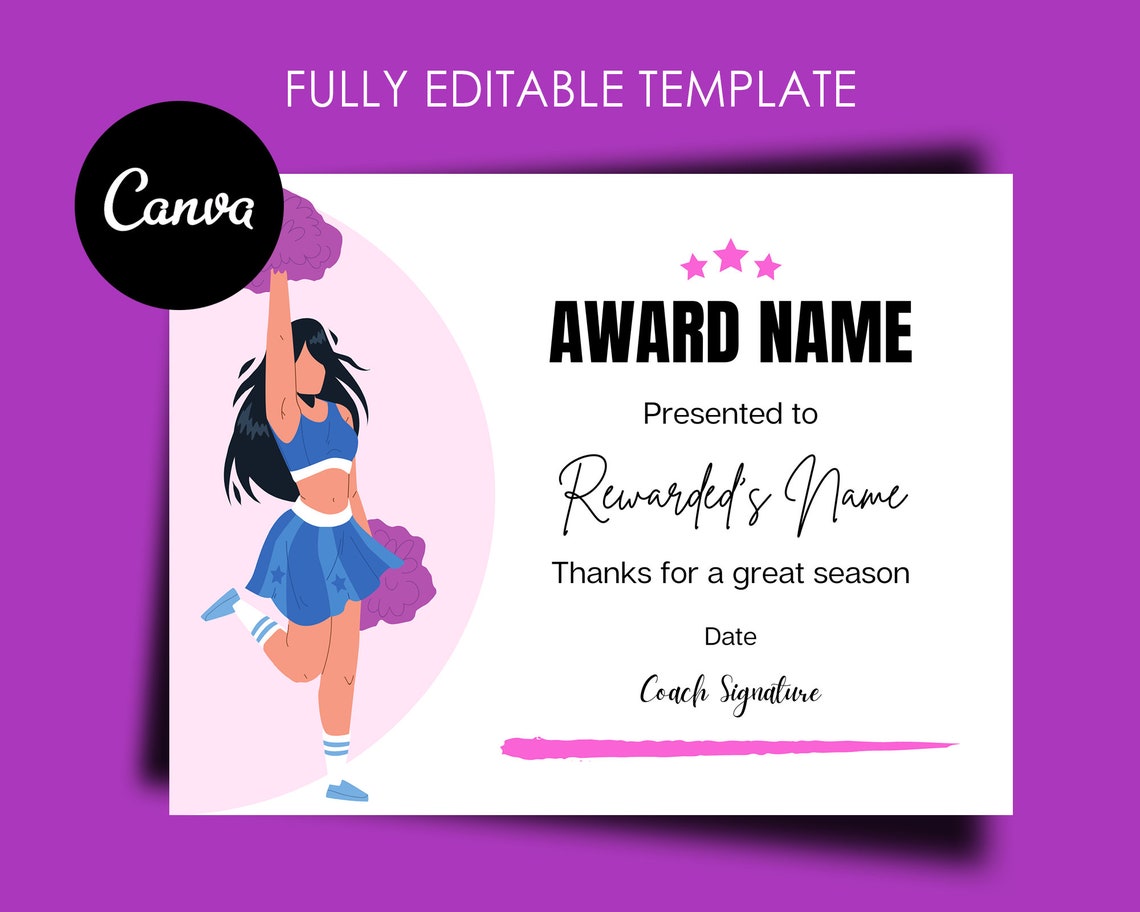 Cheerleading Award Certificate Editable Canva Template - Etsy