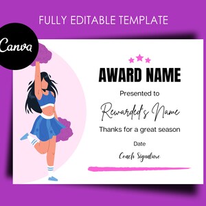 Cheerleading Award Certificate Editable Canva Template, Printable End ...