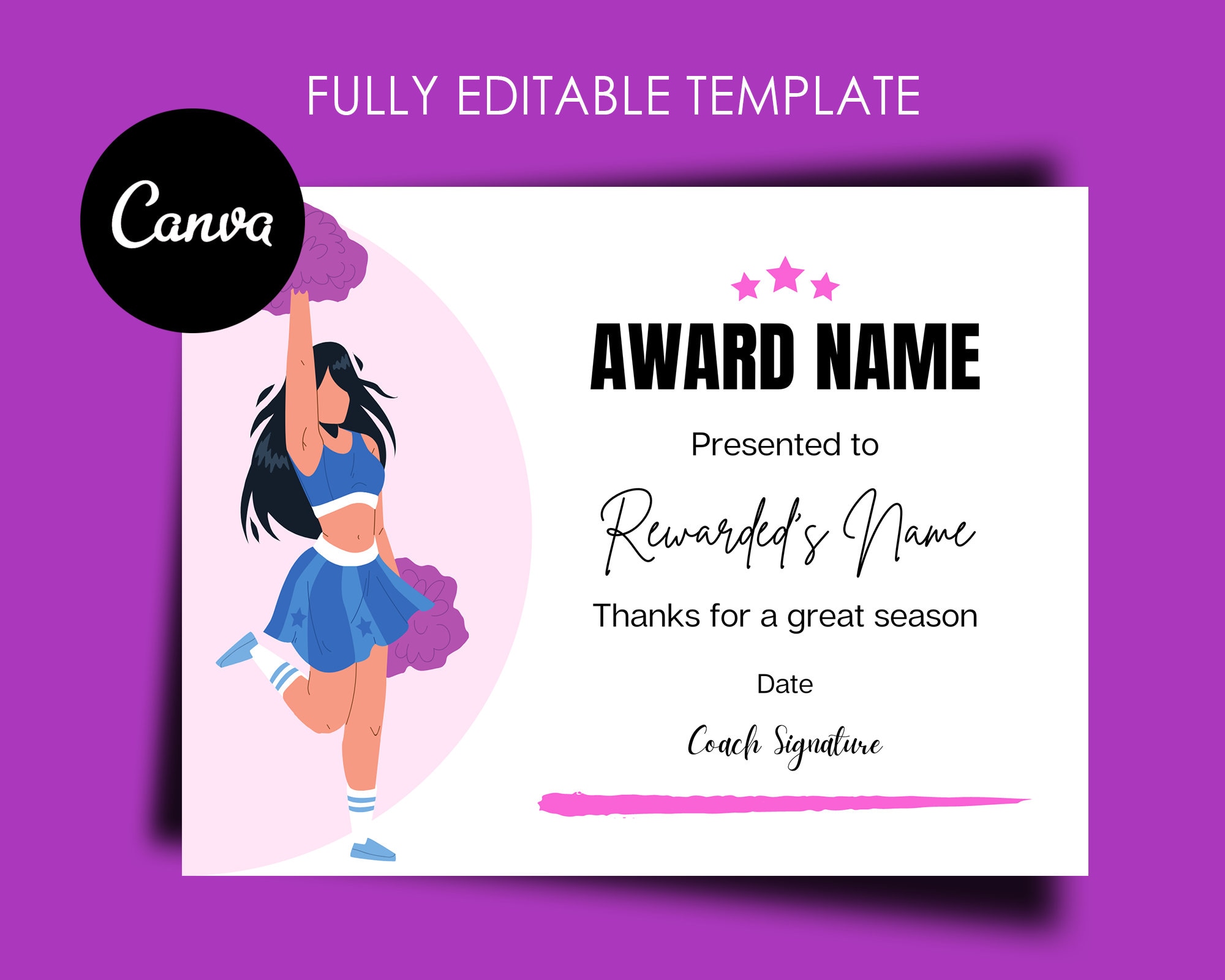 Cheerleading Award Certificate Editable Canva Template - Etsy