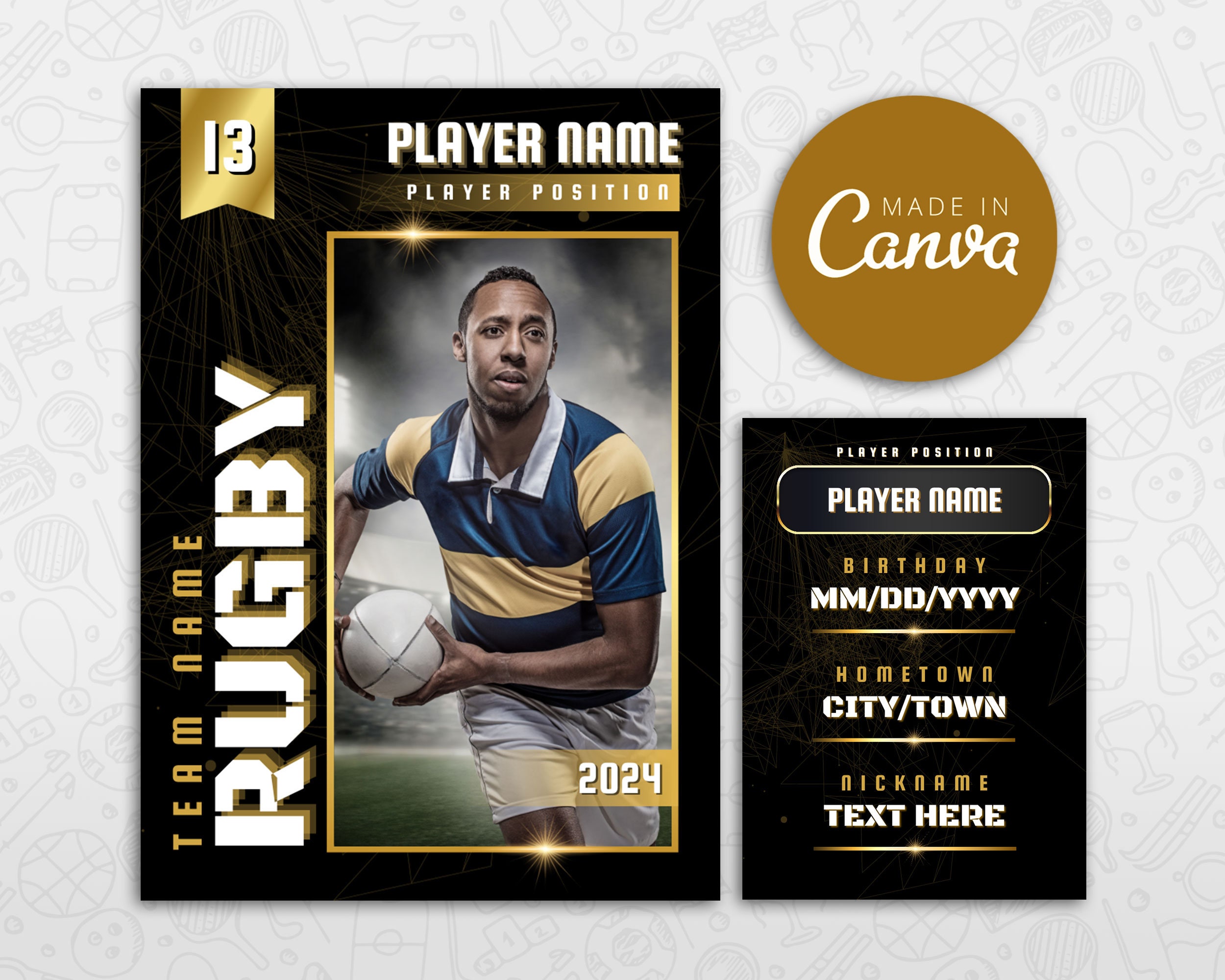 Rugby Card Template, DIY Golden Sport Cards Printable, Customizable ...