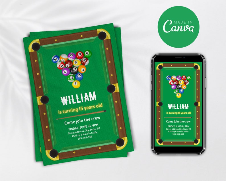 Billiards Birthday Invitation Template Snooker Pool Party - Etsy