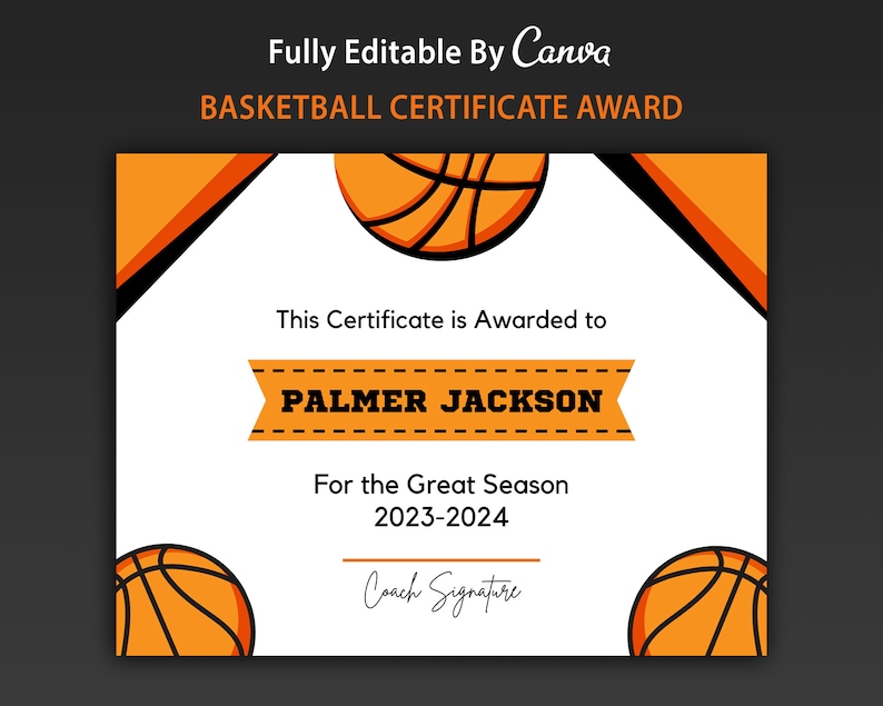 Editable Basketball Award Certificate, End of Season, Canva Template ...