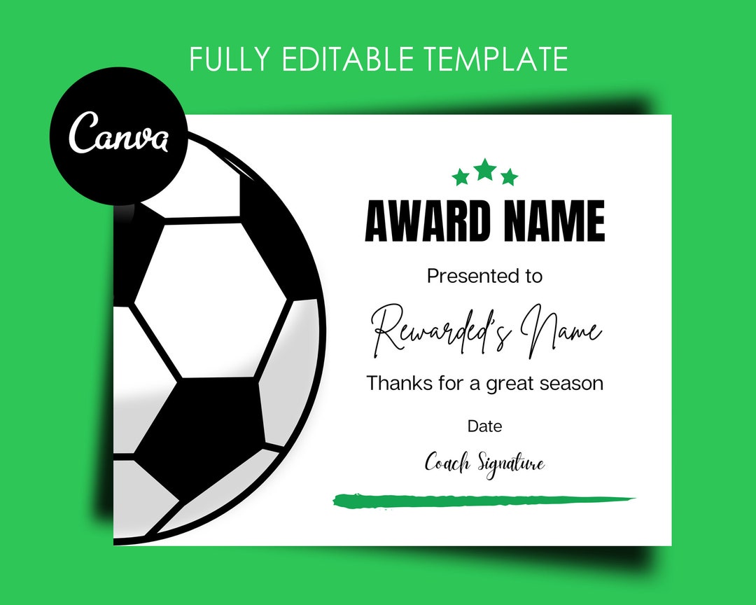 Soccer Award Certificate Editable Canva Template, Printable Award End ...