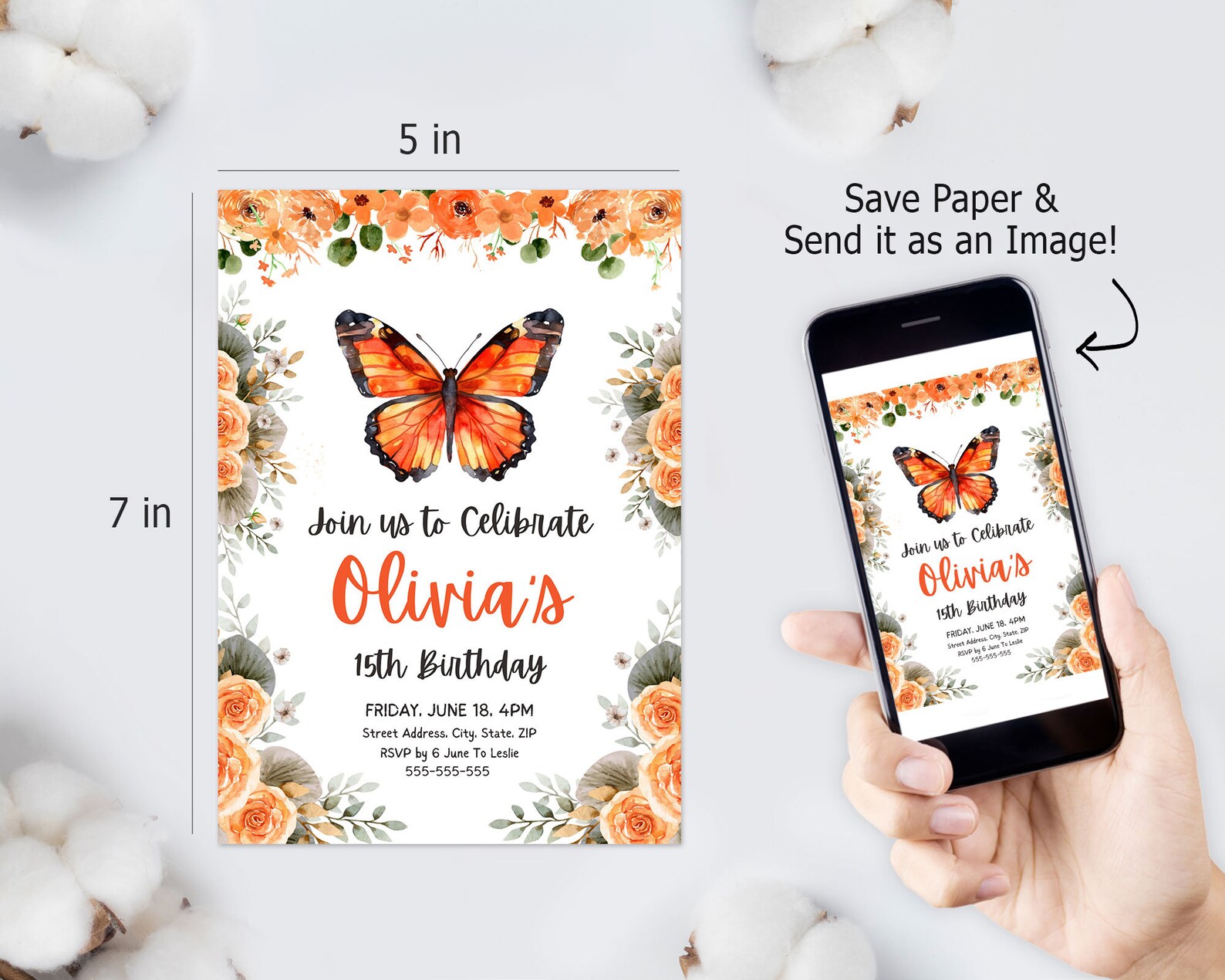 Butterfly Birthday Invitation Template, Monarch Orange Invite, Editable ...