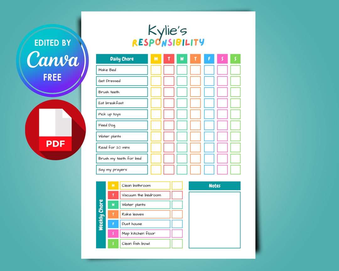 Responsibility Chore Chart for Kids (printable PDF + Canva Template ...
