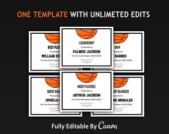 Basketball Award Certificate Editable Canva Template,printable Award ...