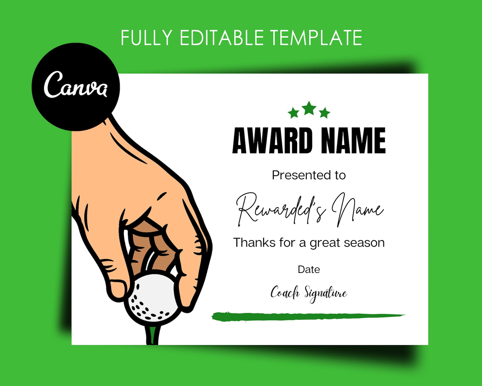 Golf Award Certificate Editable Canva Template Printable - Etsy