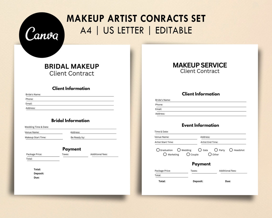 Editable Bridal Makeup & Makeup Service Contracts Bundle - Etsy