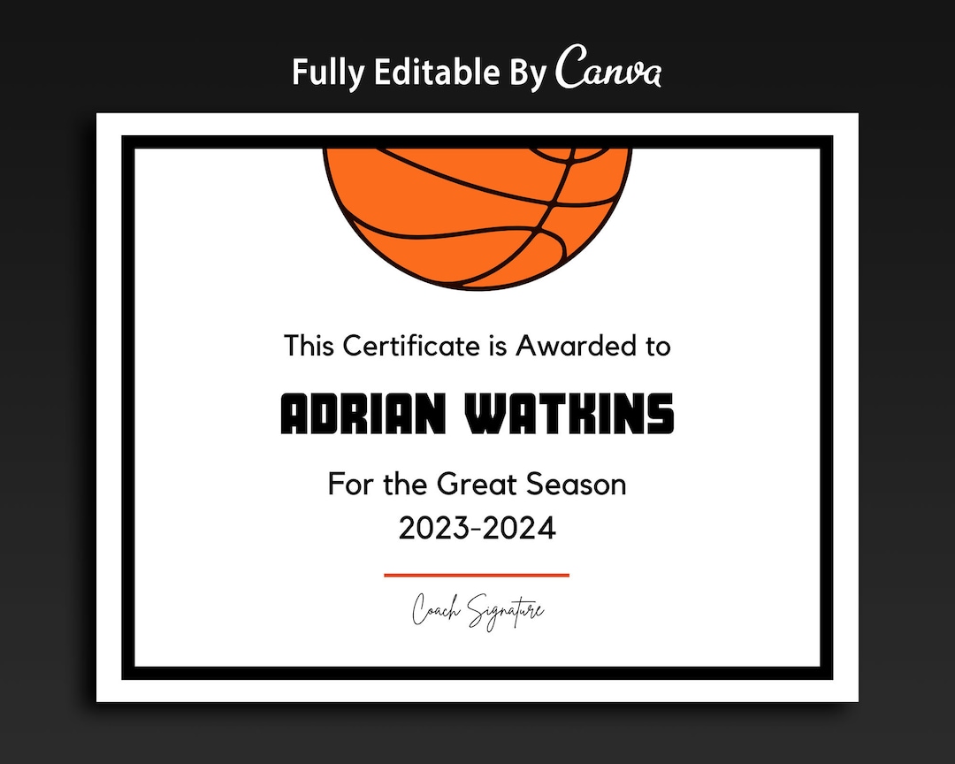 Editable Basketball Award Certificate Canva Template, Printable End of ...