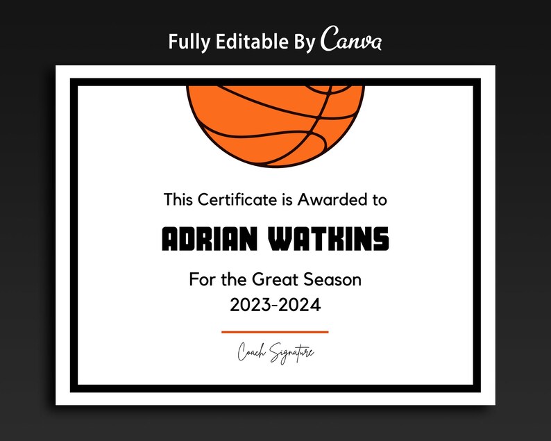 Editable Basketball Award Certificate Canva Template, Printable End of ...