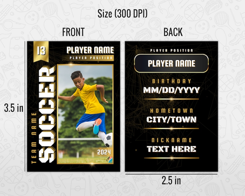 Soccer Card Template, DIY Golden Sport Cards Printable, Customizable ...