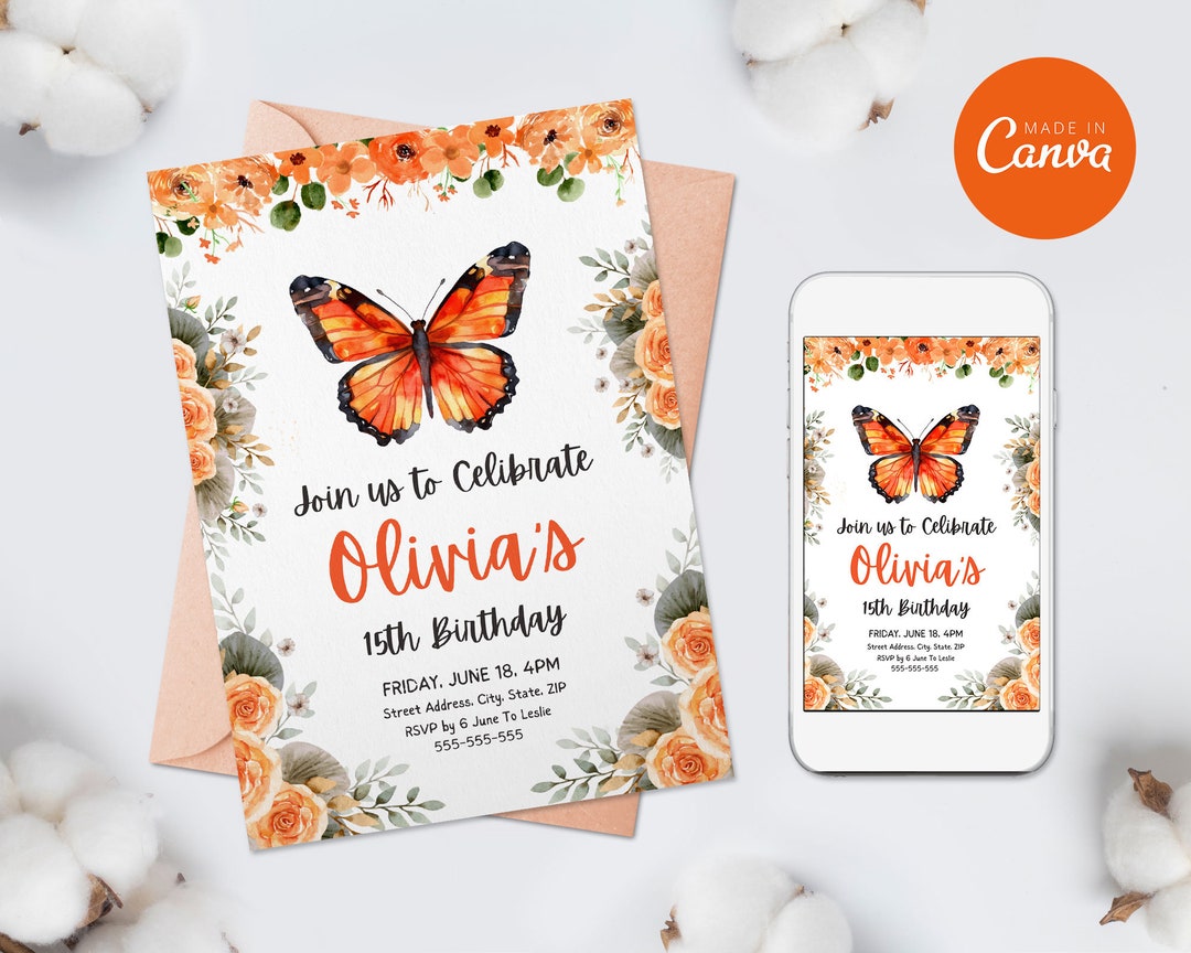 Butterfly Birthday Invitation Template, Monarch Orange Invite, Editable ...