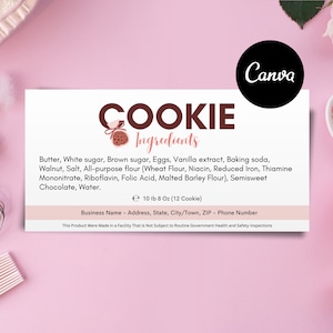 Cookie Ingredients Label Card, Canva Editable Template, Printable ...