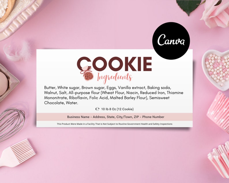 Cookie Ingredients Label Card, Canva Editable Template, Printable ...